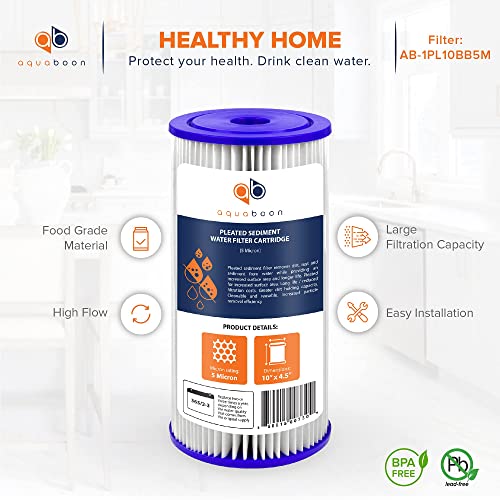 Aquaboon 5 Micron 10" x 4.5" Pleated Sediment Water Filter Replacement Cartridge | Whole House Sediment Filtration | Compatible with FXHSC, ECP5-BB, FM-BB-10-5, CP5-BBS, 255490-43, HDC3001, 8-Pack