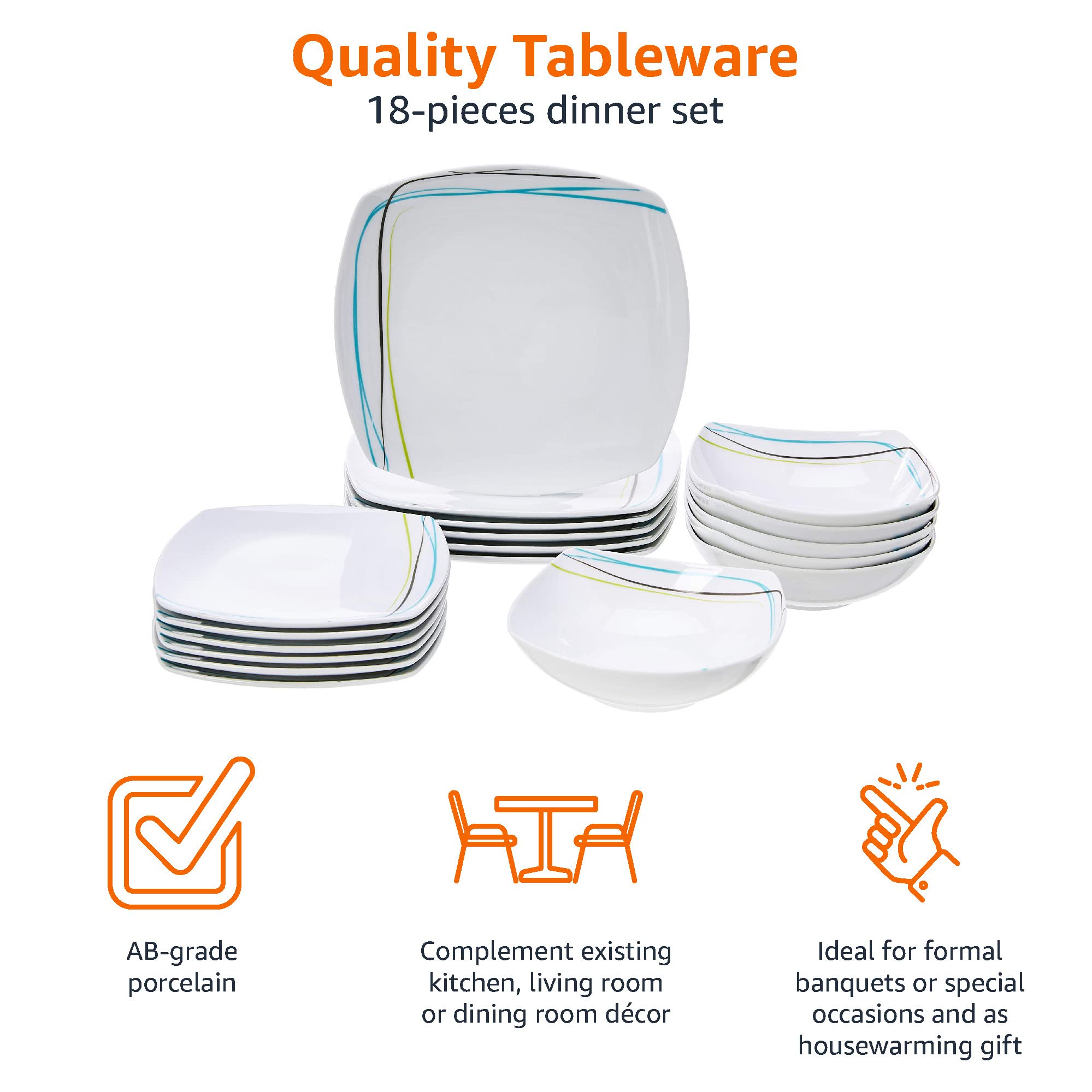 Amazon Basics 18-Piece Kitchen Dinnerware Set - Square Plates, Bowls, Service for 6 - Gray Soft Lines