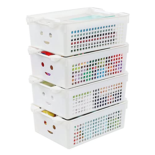 Saedy 4 Packs Plastic Baskets with Handle, Stackable Basket Organizer Bin, White