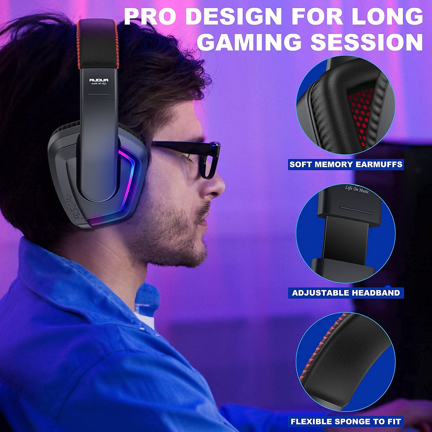 AUOUA Gaming Headset with Active Noise Cancelling Mic, Over Ear Wired Gaming Headphone │Colorful RGB Lights, 3D Stereo Sound│Soft Memory Foam Earmuffs, 3.5mm Jack Compatible with PC PS4 PS5 Gamer