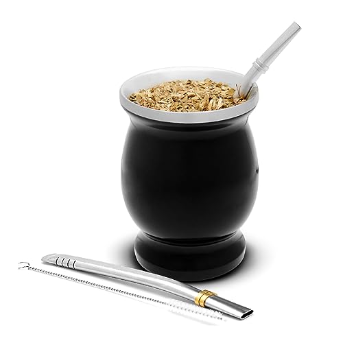 BALIBETOV Mate - Original Yerba Mate Cup, Yerba Mate Gourd with 2 Bombilla Mate - Complete Yerba Mate Set Kit includes Mate Cup and Bombilla Set, Yerba Mate Kit Set with Yerba Mate Tea Straw (Black)