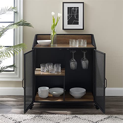 Walker Edison Malcomb Urban Industrial Metal Mesh Double Door Rolling Bar Cabinet, 33 Inch, Rustic Oak