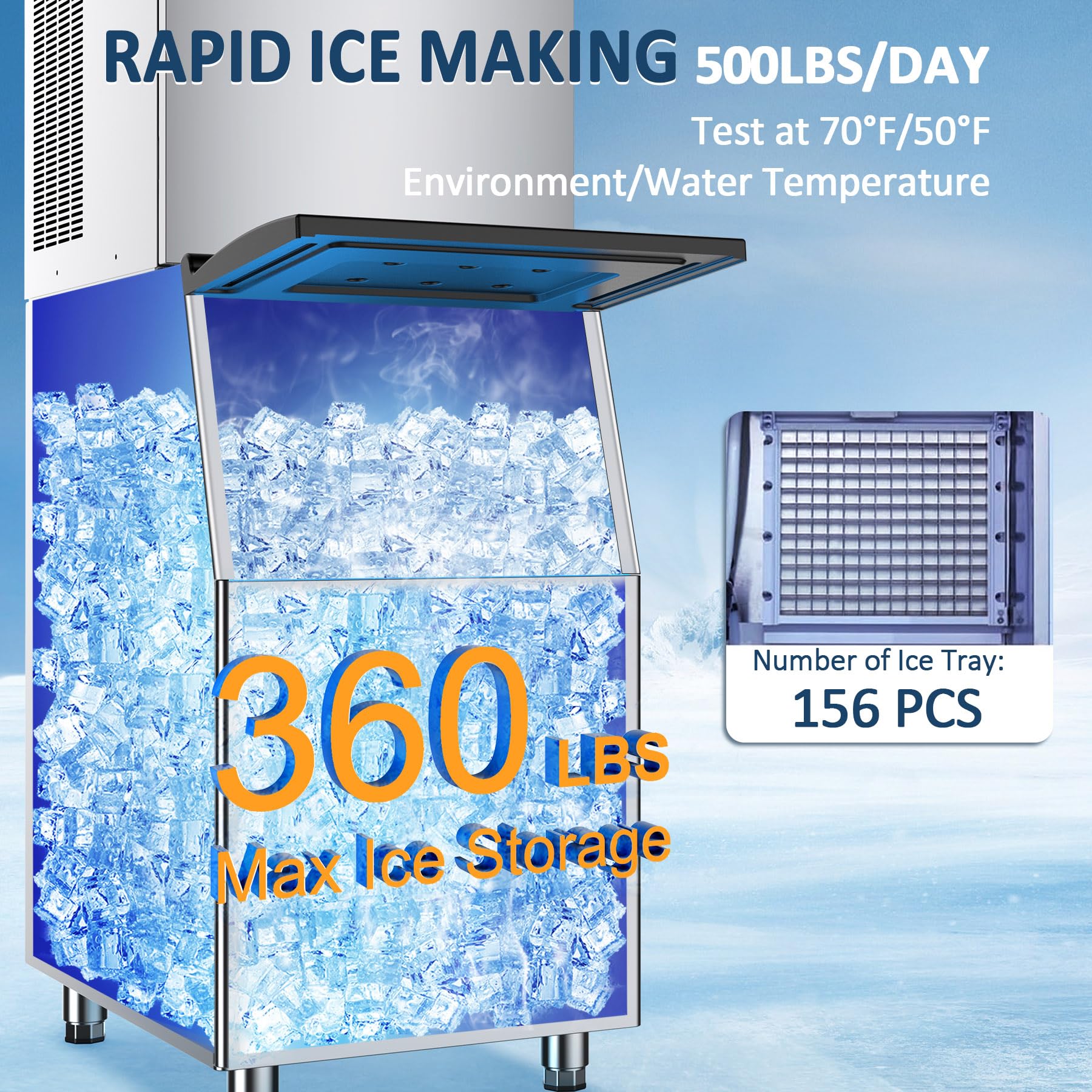 Commercial Ice Maker Machine, 500LBS/24H with 360LBS Large Storage Bin Stainless Steel Industrical Ice Machine 156pcs Clear Cubes in 10Mins, Air Cooled Freestanding Ice Maker for Restaurant Coffee Bar