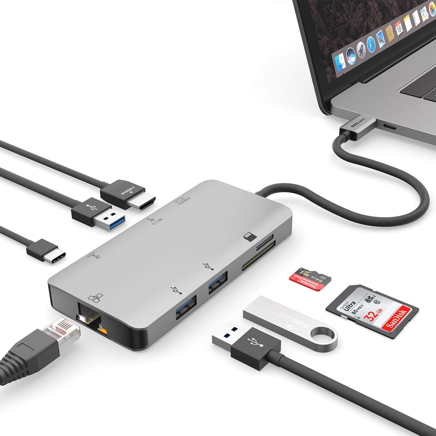 EZQuest USB C Hub Docking Station 8 in 1 with 4K HDMI, 1 Gbit Ethernet, 3 USB A 3.0 Ports, 1 USB-C PD/Data, SD/Micro SD for Work and Travel, Compatible with MacBook/Dell/HP/Lenovo/Laptops