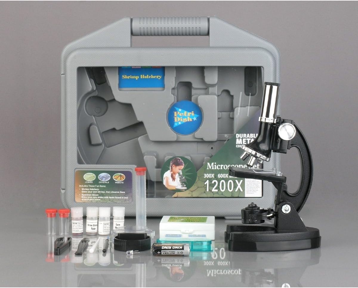 AmScope-Kids M30-ABS-KT2 Starter Microscope Kit, Metal Frame, 120X, 240X, 300X, 480X, 600X, and 1200X Magnifications, 2 Eyepieces and 49 Accessories and Case