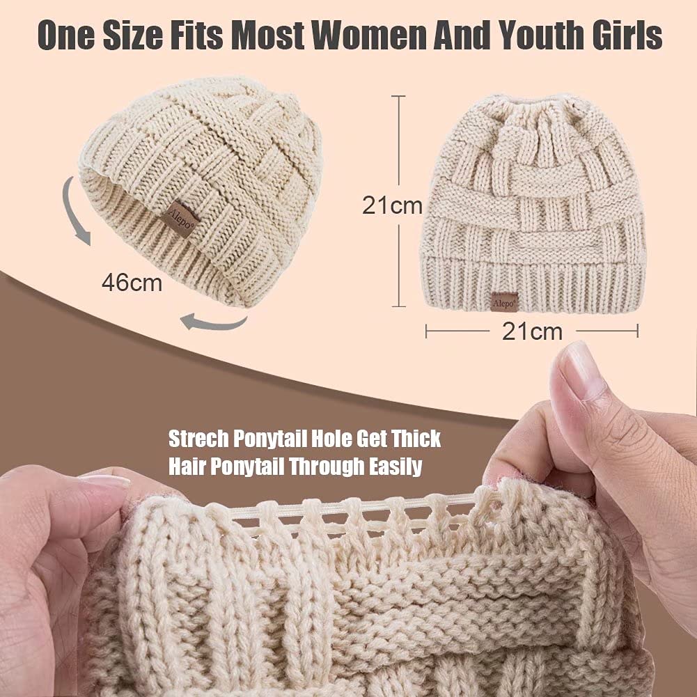Alepo Womens High Messy Bun Beanie Hat with Ponytail Hole, Winter Warm Trendy Knit Ski Skull Cap (Mix Black&White)