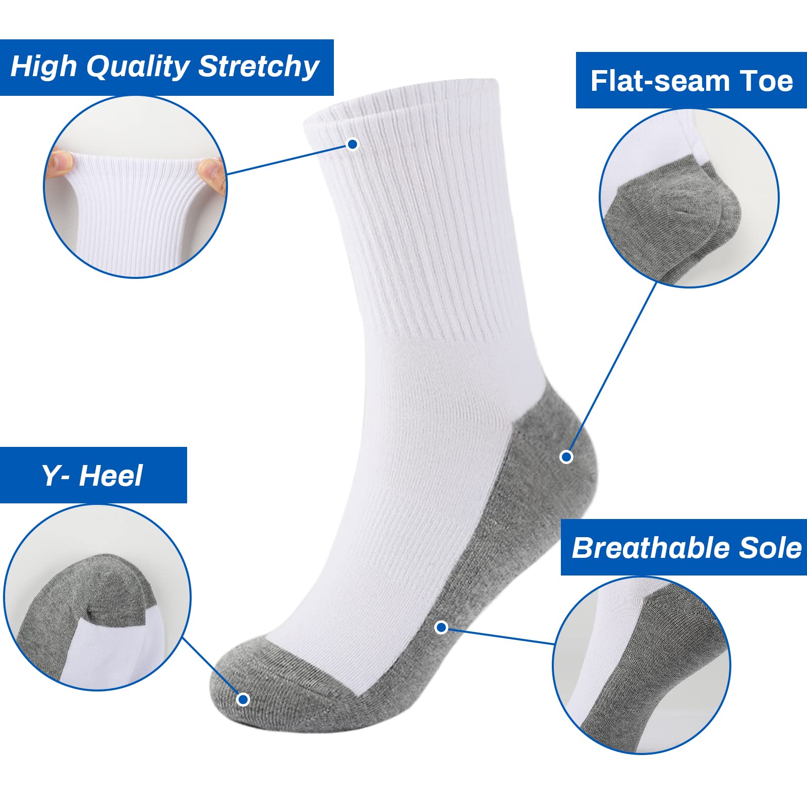 Auranso Boys Crew Socks 6 Pairs Kids Girls Cushion Athletic Ankle Socks White Grey 10-14 Years