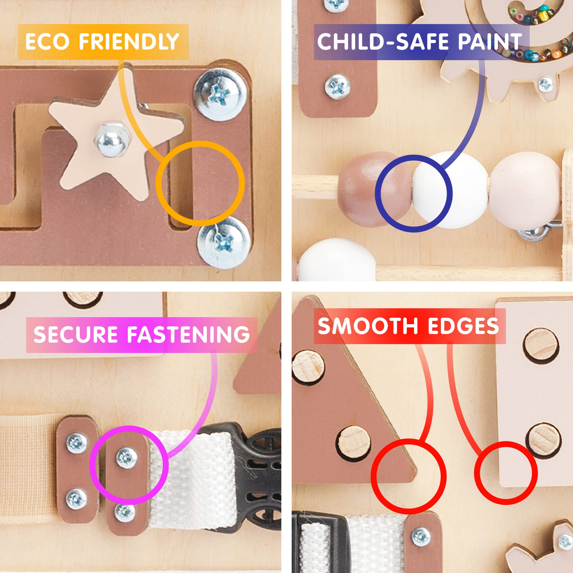 EvoKids Wooden Sorting Stacking Toy Busy Board for Toddlers 3 โ Zipper, Buckle in Handmade Activity Board โ Plane Car Travel Sensory Montessori Developmental Educational Toys for Boy Girl
