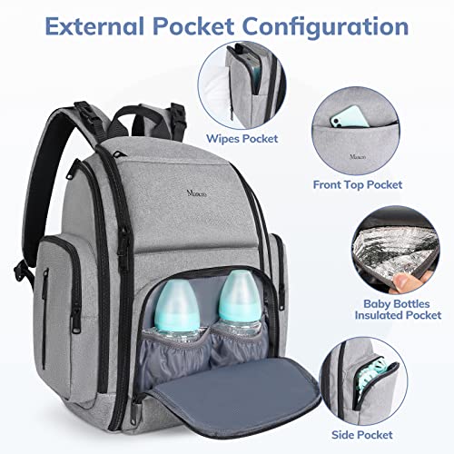 Mancro Diaper Bag Backpack, Large Multifunction Waterproof Travel Baby Changing Bag for Dad Mom with 4 Insulated Pockets and Stroller Straps, Maternity Baby Bag for Boys Girls, Grey