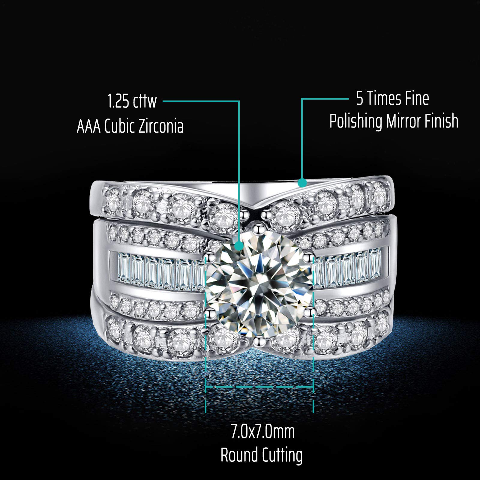 Ahloe Jewelry 2.3Ct Wedding Rings for Women Engagement Ring Set Bands 18k White Gold Halo Round Cz 3pcs Size 8