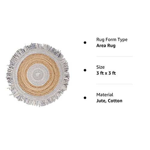 SAFAVIEH Cape Cod Collection 3' Round Light Grey / Natural CAP701F Handmade Boho Fringe Jute & Cotton Area Rug