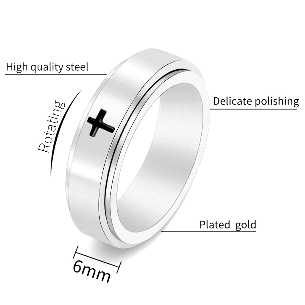6mm Stainless Steel Christian Cross Rotating Spinner Wedding Band Religious Statement Promise Ring (Silver, 6)