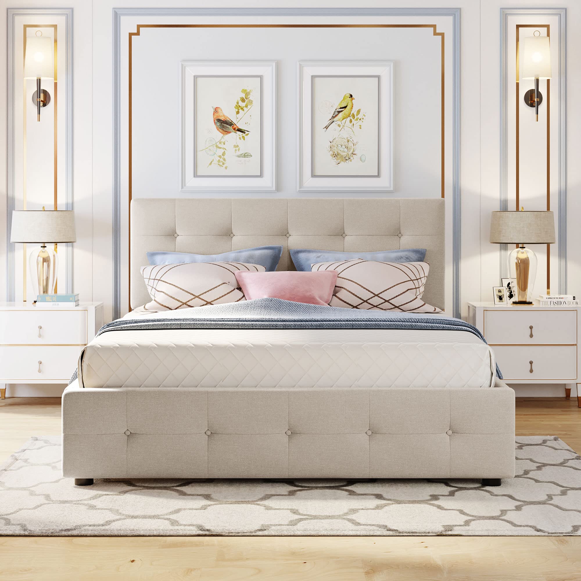 Bellemave Queen Size Platform Bed, Queen Linen Fabric Upholstered Platform Bed Frame with 2 Storage Drawers & 1 Twin XL Trundle for Kids/Teen/Adults, Easy Assembly (Beige)