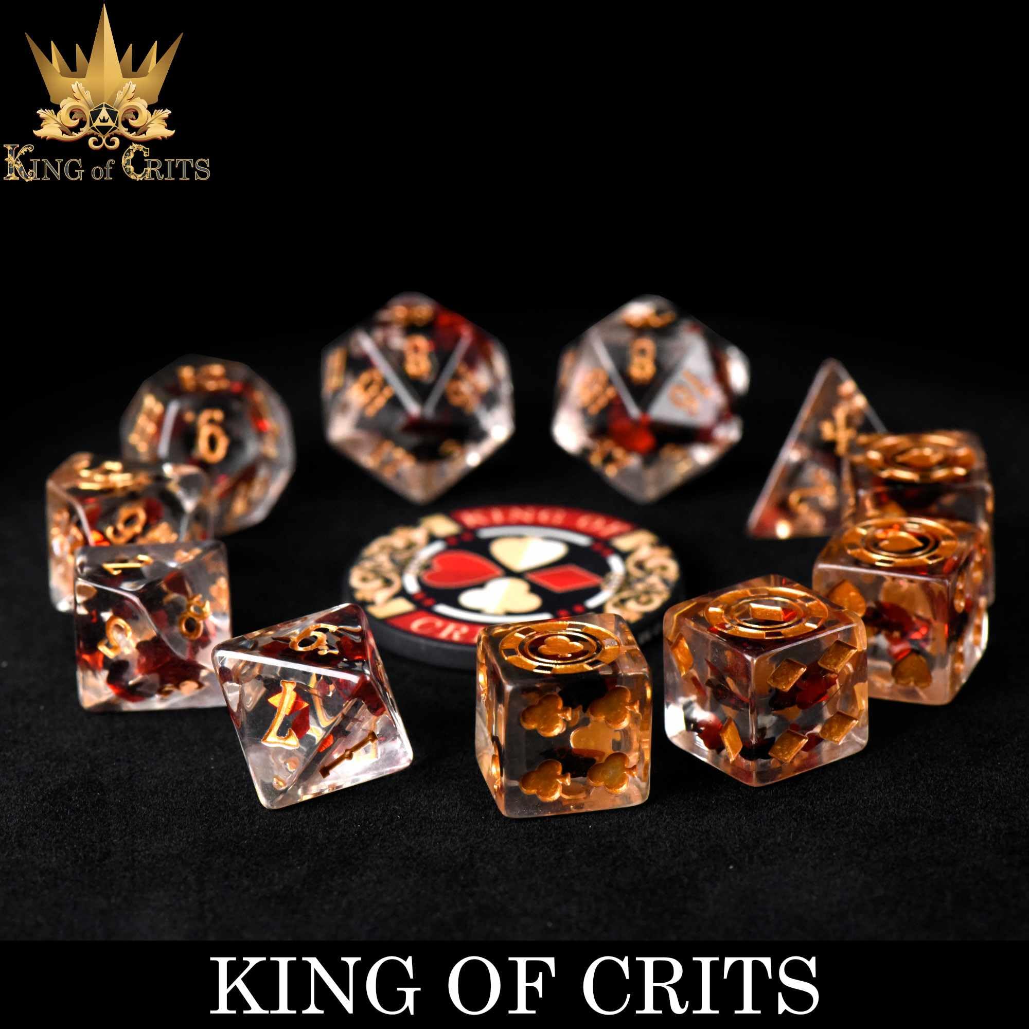 King of Crits Poker 11 Dice Set with Real Poker Chip | Vegas Themed Gambler Polyhedral Dice Set | DND MTG Board Game Dice