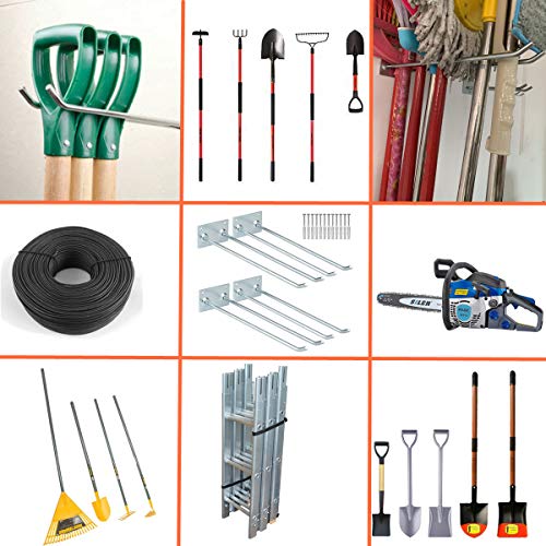 Wall-Mounted Steel Long-Handled Tools Storage Rack, 12 Inch Steel Garage Utility Double Hooks Organizing Ladders, Rakes, Hose, Shovel, Brooms, Max Capacity 55Lbs (Pack of 2 )