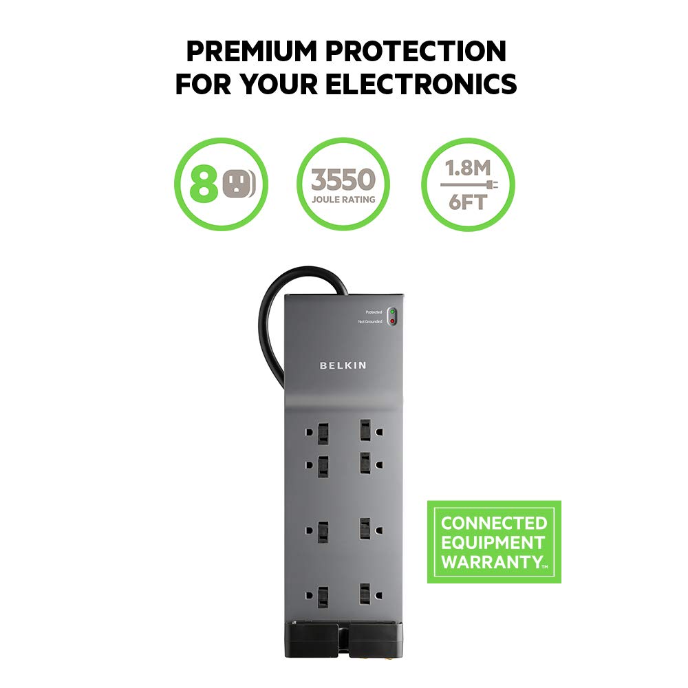 Belkin BE108230-06 8-Outlet Power Strip Surge Protector w/Flat Plug, 6ft Cord (3,550 Joules),Black & 12-Outlet Power Strip Surge Protector w/ 8ft Cord (3,940 Joules), Gray