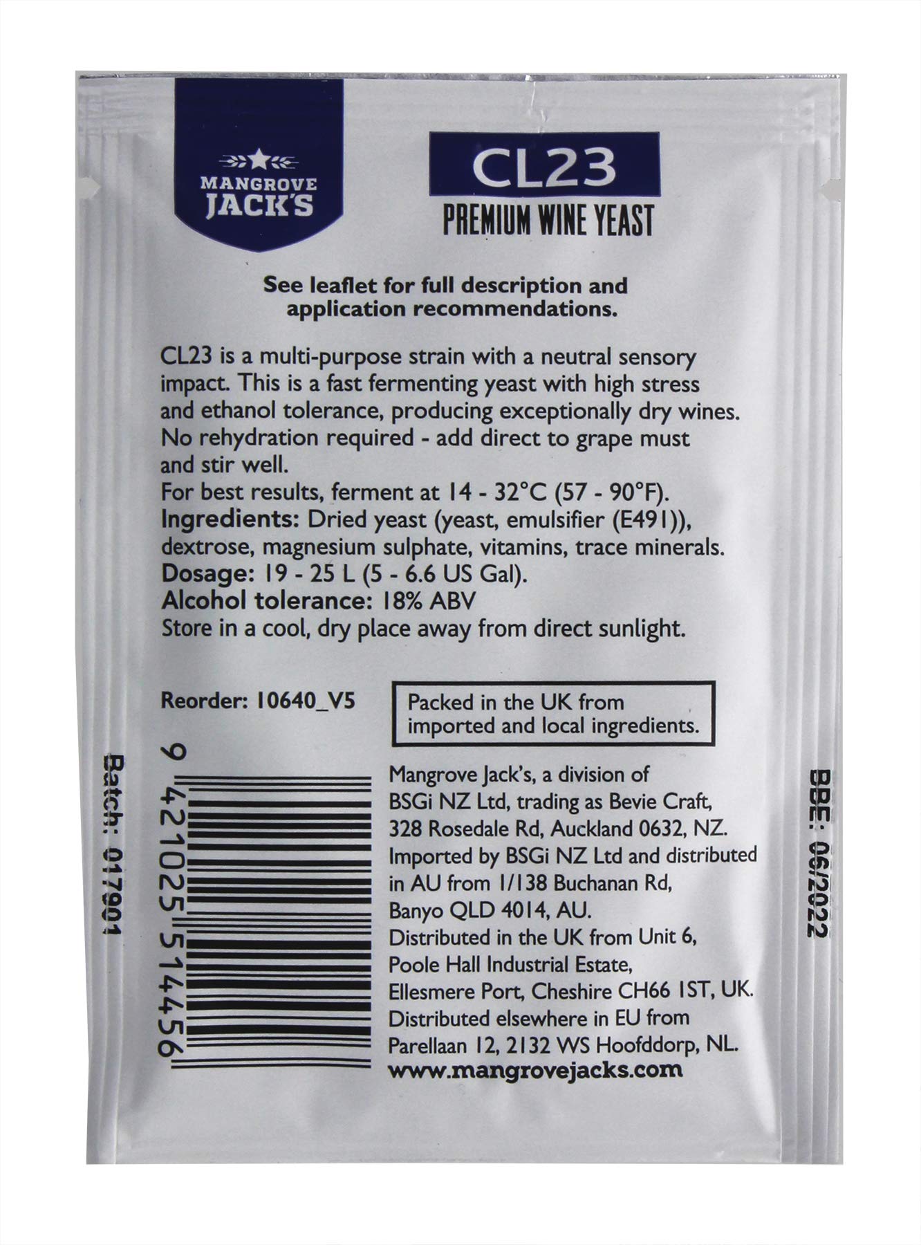 Mangrove Jack’s Wine Yeast - CL23 8g Treats 23L Dry White Blush Sparkling