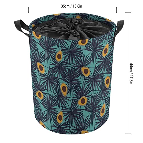 Avocado and Leaves Laundry Basket Round Collapsible Storage Bin with Drawstring and Handle for Bedroom Bathroom Toys Room 17.3" X 13.8"