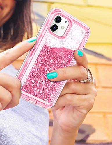 WOLLONY for iPhone 11 Case Glitter, Heavy Duty Girly Liquid Bling Quicksand 3 in 1 Hybrid Impact Resistant Shockproof Hard Bumper Soft Clear Rubber Protective Cover for iPhone 11 6.1inch Pink