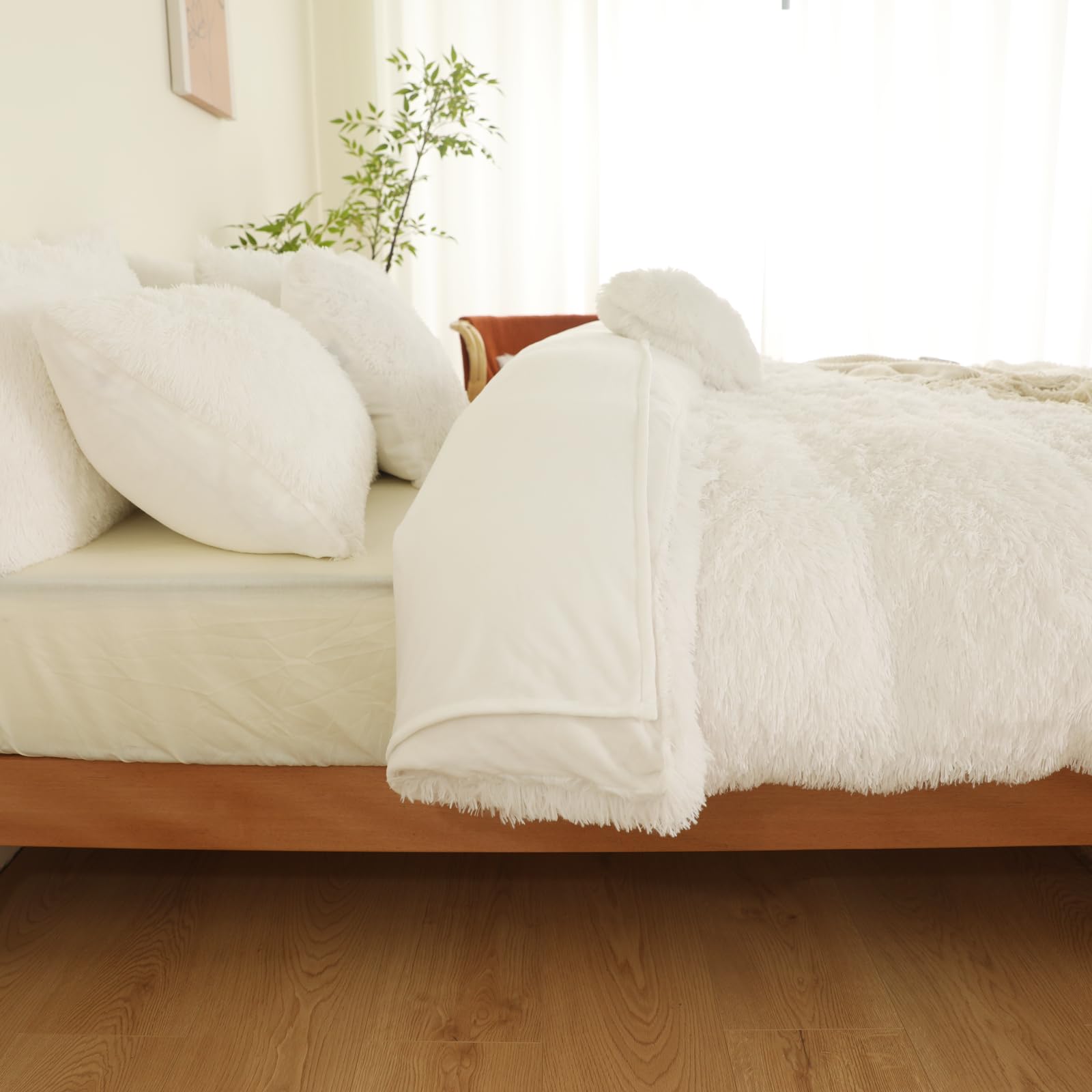 HAIHUA Faux Fur Plush White Comforter Cover Queen Set 9 Pieces,Shaggy Luxury White Bedding Set, Soft Fluffy Bed Sets Full Queen with Duvet Cover and Sheets (White, Full/Queen)