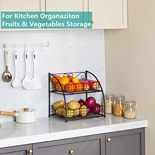Fruit Basket for Kitchen, Fruit and Vegetable Storage Bowl Stand with Quality Metal Frame, Detachable, Large Capacity, 2 Tier Wire Produce Basket Fruit Holder for Kitchen Countertop Dining Table