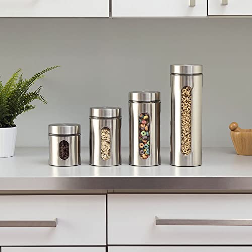 Kitchen Canisters By Home Basics | Retro-Styled For Kitchen Counter | Stainless Steel and Glass | With See-Through Windows (Silver), 4 Pieces, For Flour, Coffee, Sugar, and Dry Ingredients