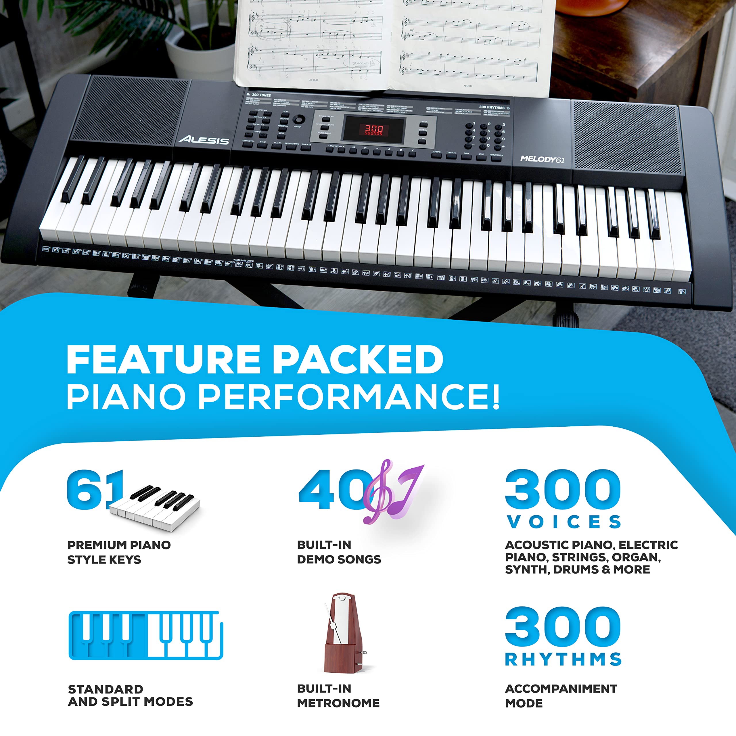 Alesis Melody 61 MKII | 61 Key Portable Keyboard with Built In Speakers, Headphones, Microphone, Piano Stand, Music Rest and Stool (Renewed)