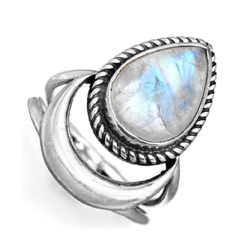 Awmnjtmgpw 925 Sterling Silver Rainbow Moonstone moon women's Retro ring creative tear shaped water drop crescent punk ring size 6-10 (size 6)
