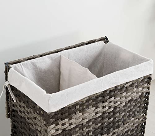 Caozichun Laundry Hamper, 110L Divided Laundry Basket with Removable Liner Bag, Handwoven Synthetic Rattan Clothes Hamper with Lid and Handles, Foldable, 22 x 13 x 24 Inches, Gray