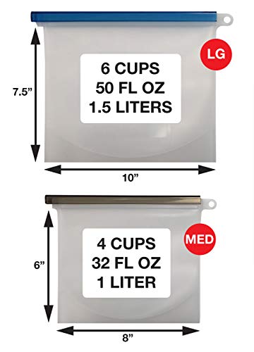 Silicone Reusable Food Storage Bags (Set of 6) (2 Large 50oz + 4 Medium 33.8oz), by Better Kitchen Products, Airtight, Expandable Gusset, Easy Stand-Up, for Solids, Liquids, Refrigerator and Freezer,