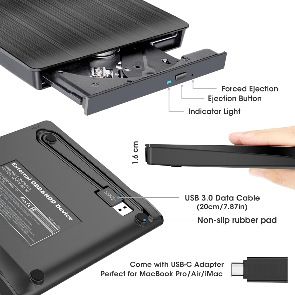 ROOFULL External CD/DVD Drive USB 3.0 Portable CD DVD Player Burner Reader Writer CD/DVD-ROM +/-RW Optical Disk Drive for Laptop PC Mac Windows 11/10/8/7 Linux Computer with Carrying Case