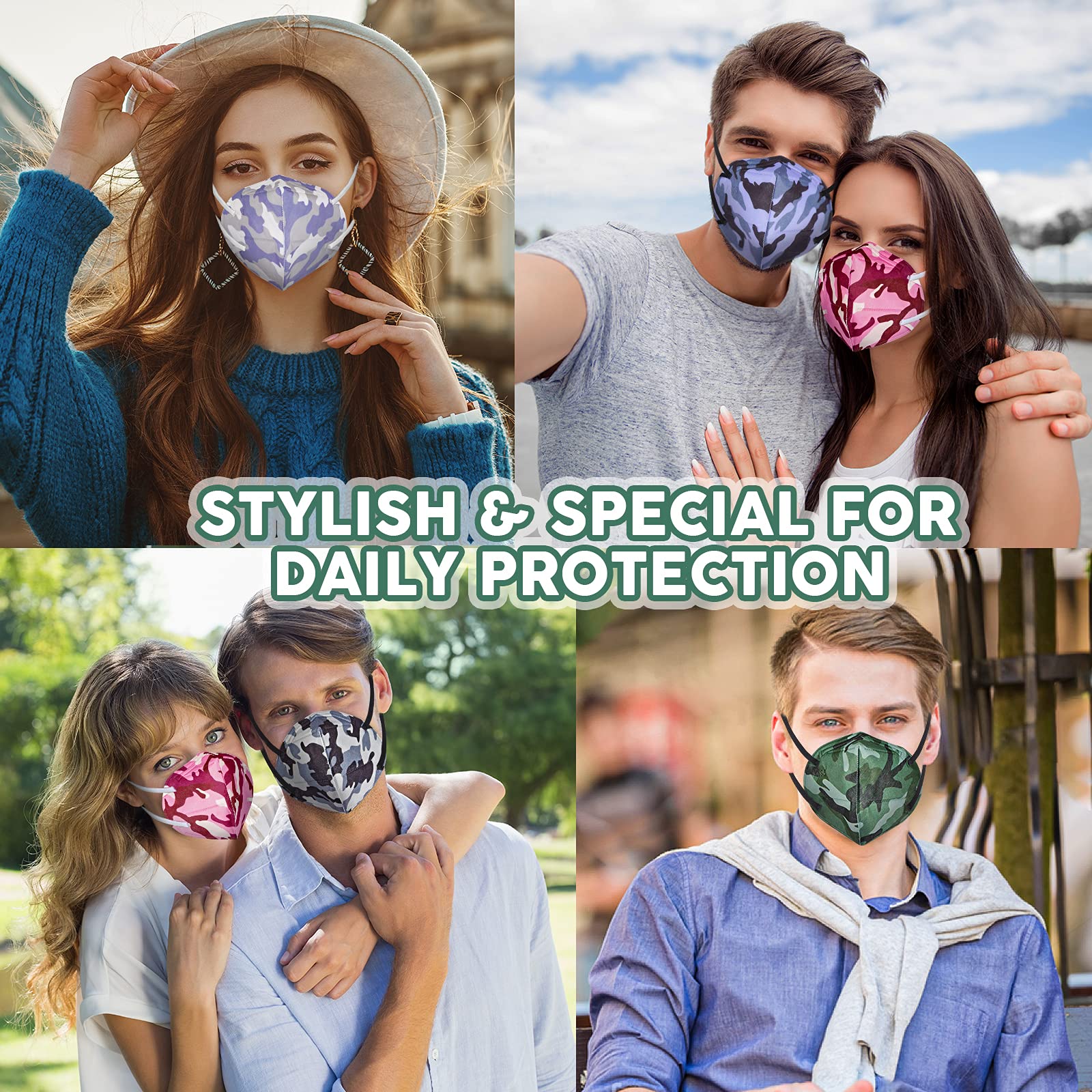 AHOTOP KN95 Face Masks for Teens Adults Men Women, 25PCS Individually Wrapped 5 Layers Disposable Face Masks Against PM2.5, Camo Face Mask, Filter Efficiency ≥95%