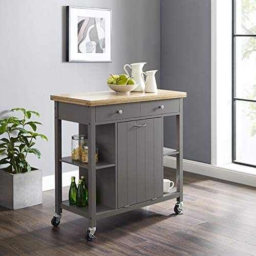 Almeris Lux Gray Kitchen Island Cart Wheels Bamboo Top Storage Cabinet Drawers Rolling Utility Shelf Furniture Table Home Office Bar Rack Cupboard