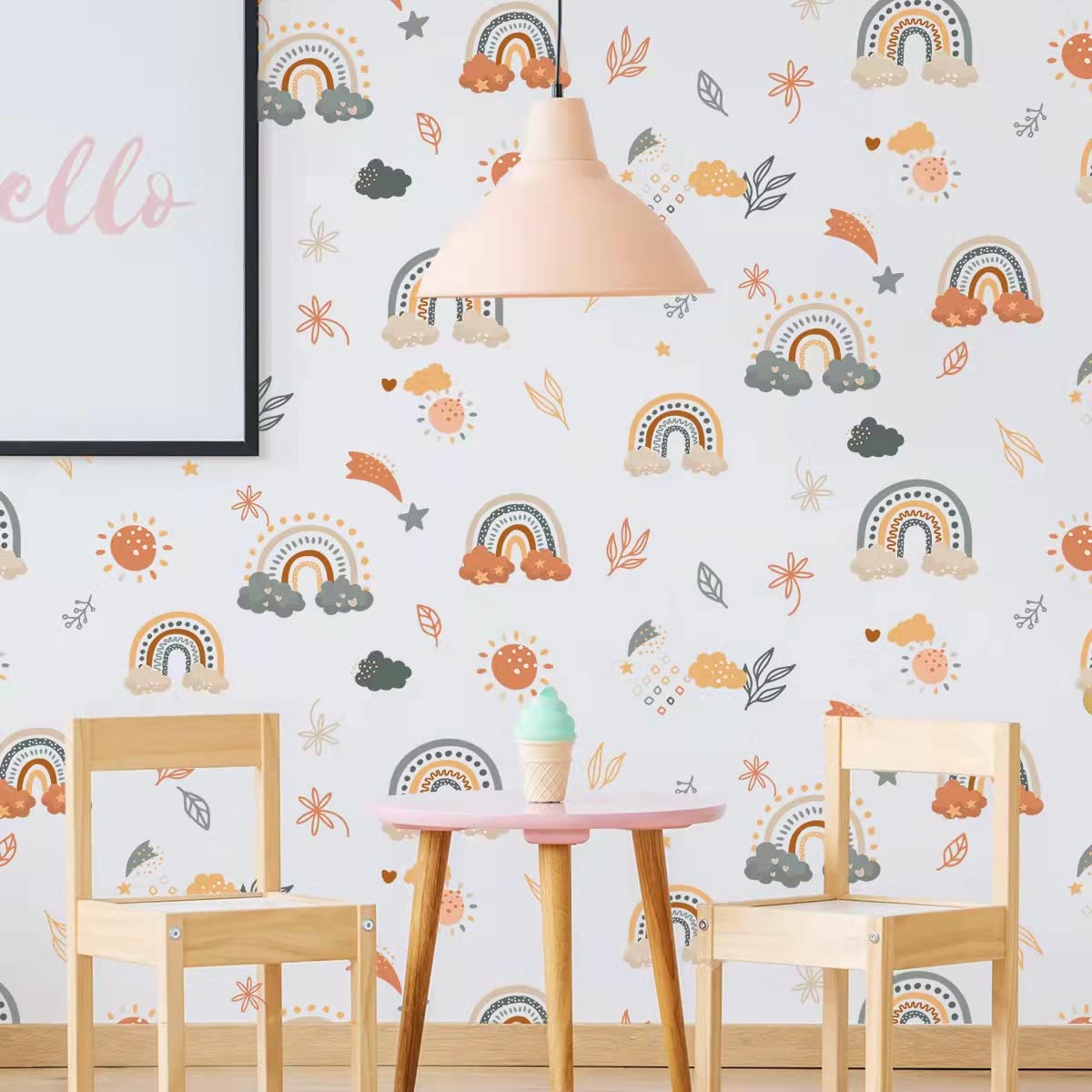 Demoue Colorful Rainbow Wall Decals for Kids Room, Boho Rainbow Cloud with Plants Leaves Flower Vinyl Wall Stickers for Nursery Room, Classroom, Kids Party Decoration (80 pcs)