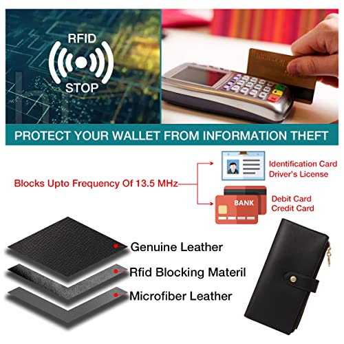 LAORENTOU Cowh Leather Wallet for Women RFID Blocking Wallet Clutch Purses Small Wallets Credit Card Holder Phone Wallet