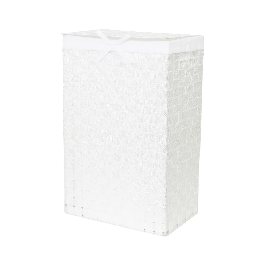 Compactor Rectangle Laundry Basket with Lid, Woven Washing Hamper for Storing Clothes and Linen in Bedrooms and Bathrooms, Removable Liner and Carry Handles, White, Stan Range