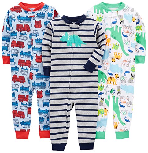 Simple Joys by Carter's Baby Boys' Snug-Fit Footless Cotton Pajamas, Pack of 3, Animal/Dinosaur/Firetruck, 18 Months