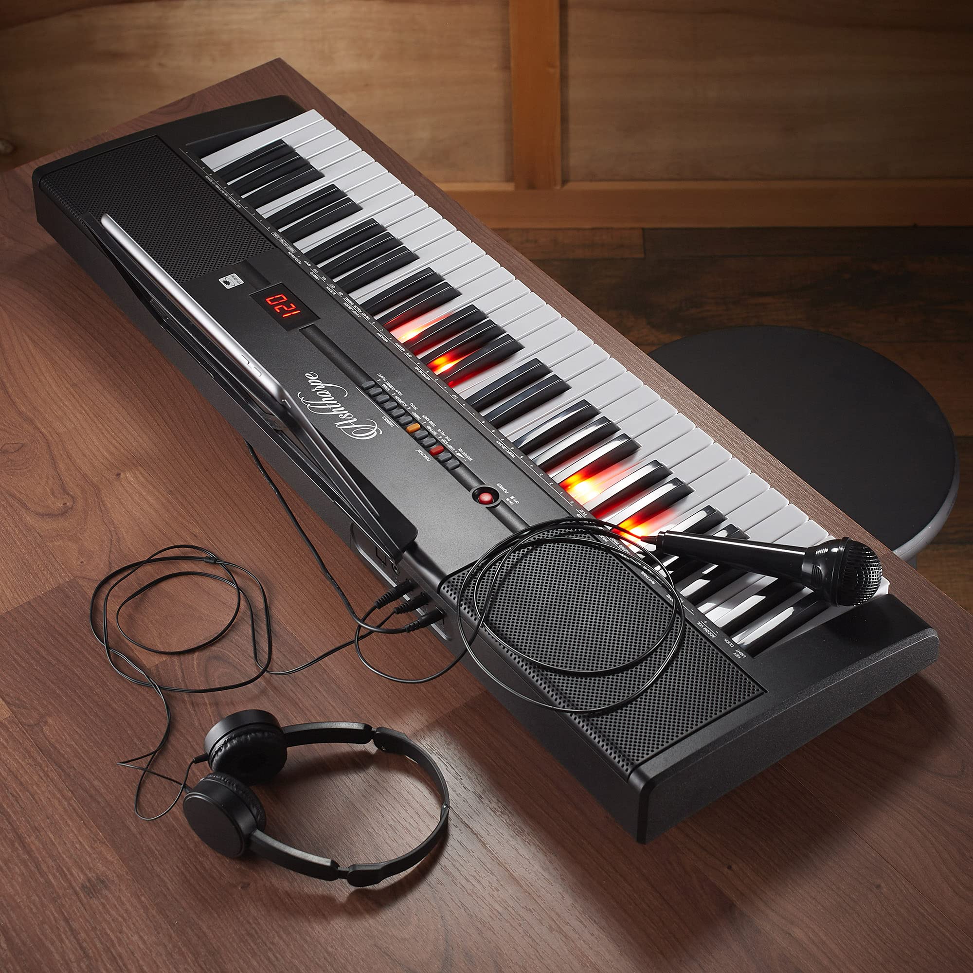 Ashthorpe 61-Key Digital Electronic Keyboard Piano with Light Up Keys, Portable Beginner Kit Includes Headphones, Mic and Keynote Stickers