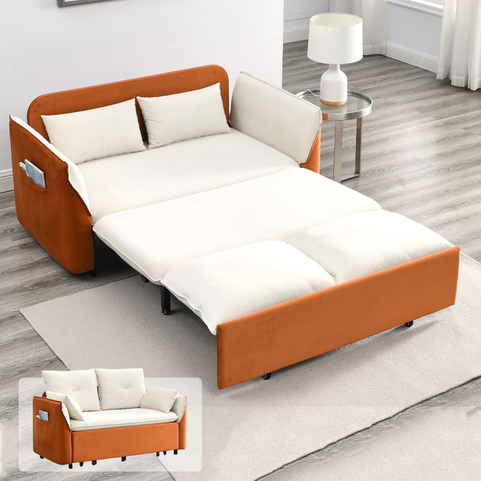 JOYBASE Pull Out Sleeper Sofa Bed Couch, Modern Convertible Loveseat Sofa Couch with Pullout Bed for Apartment Bedroom Living Room (Blue & White, Velvet)