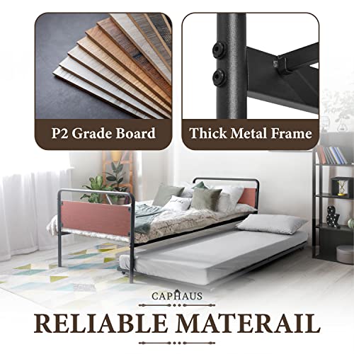 CAPHAUS Round Corner Metal Daybed Frame with Trundle, Twin Bed and Trundle Set, Mattress Foundation with Steel Slat Support and Roll Out Trundle Accommodate, Premium Steel, P2 Grade Walnut Wood Board