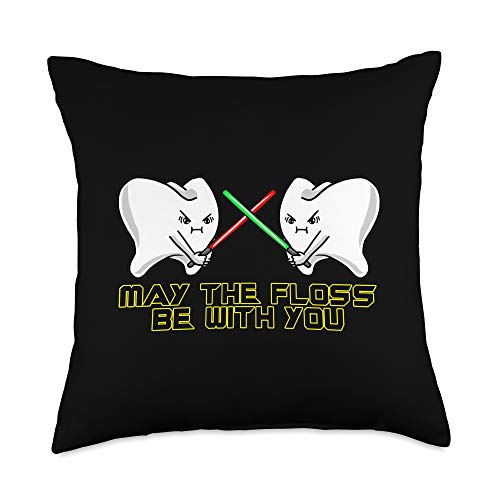 BoredKoalas Dentist Throw Pillow Gifts May The Floss Be with You Tooth Fight Cute Dentist Gift Throw Pillow, 18x18, Multicolor