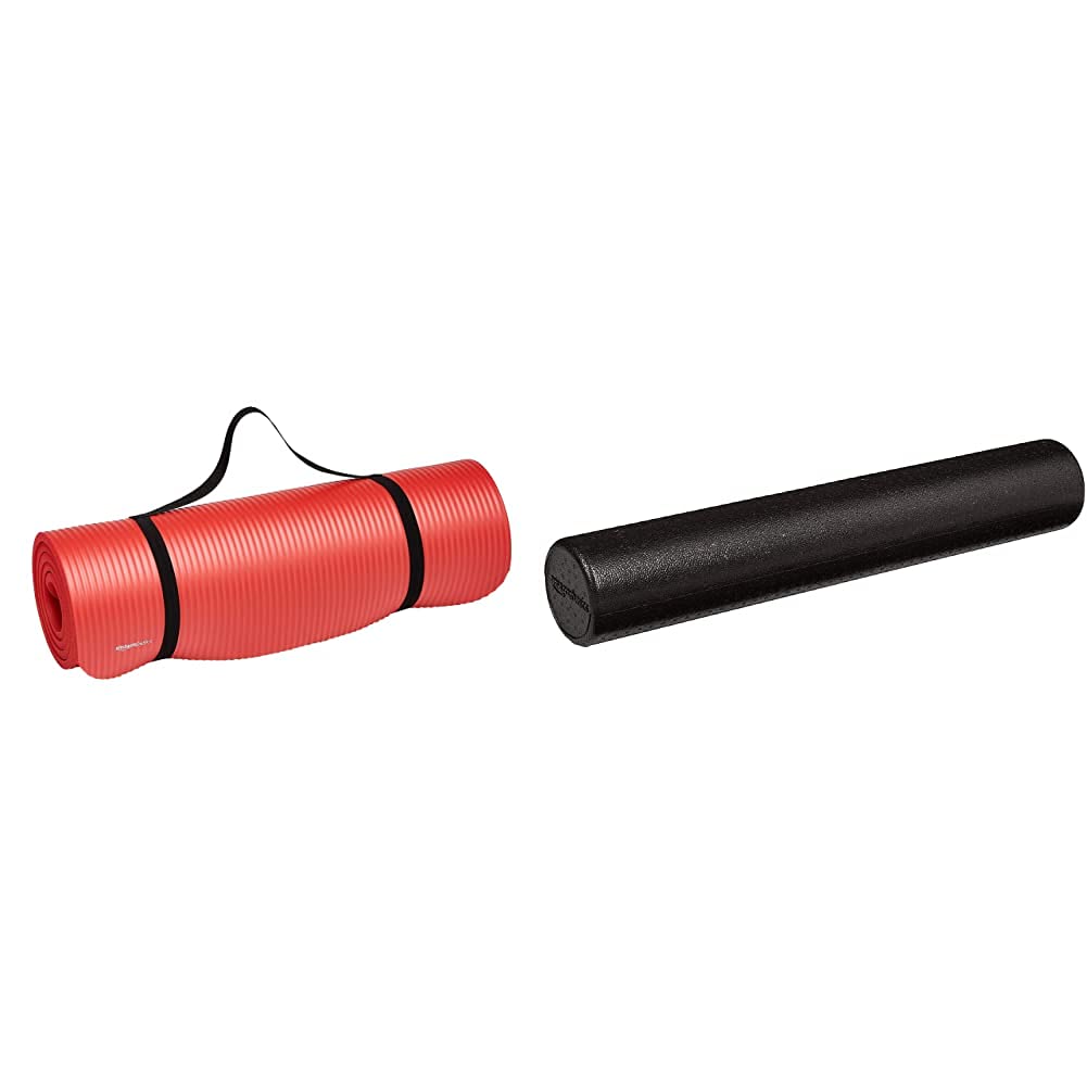 Amazon Basics Extra Thick Exercise Yoga Gym Floor Mat with Carrying Strap - 74 x 24 x .5 Inches, Red & High-Density Round Foam Roller, 36 Inches, Black