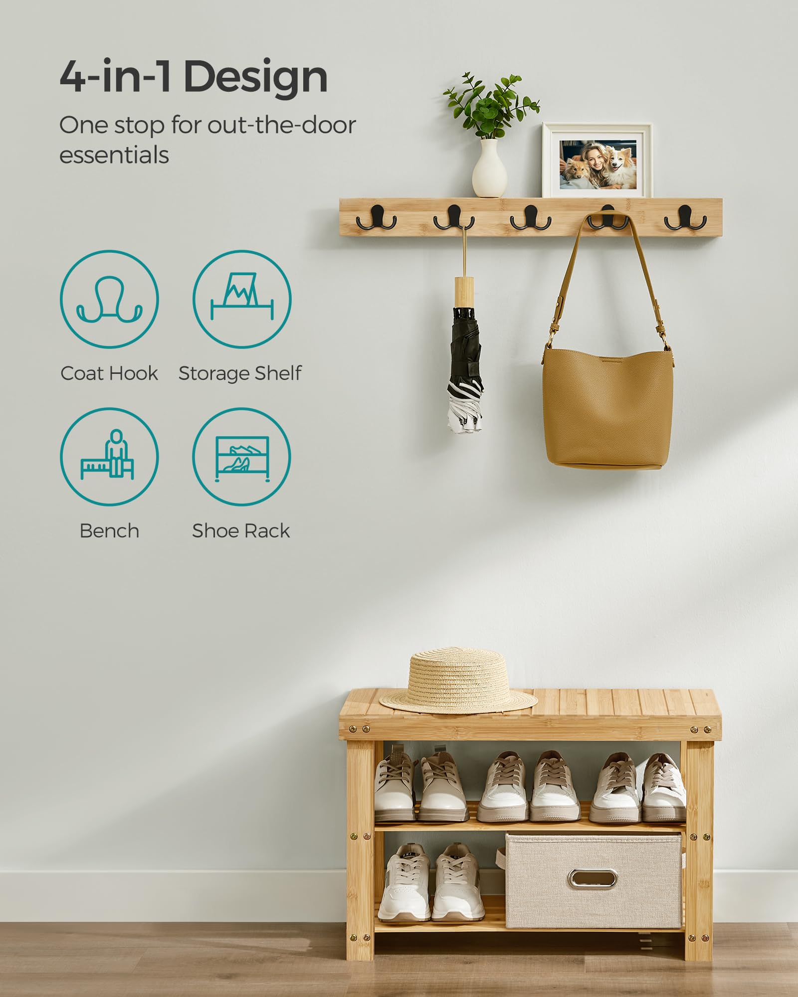 SONGMICS Hall Tree with Bench, Coat Rack Shoe Bench Set, Entryway Furniture, Multifunctional, 5 Double Metal Hooks, 3-Tier Bamboo Shoe Rack, for Entryway, Hallway, Bedroom, Natural Beige ULCR004N01