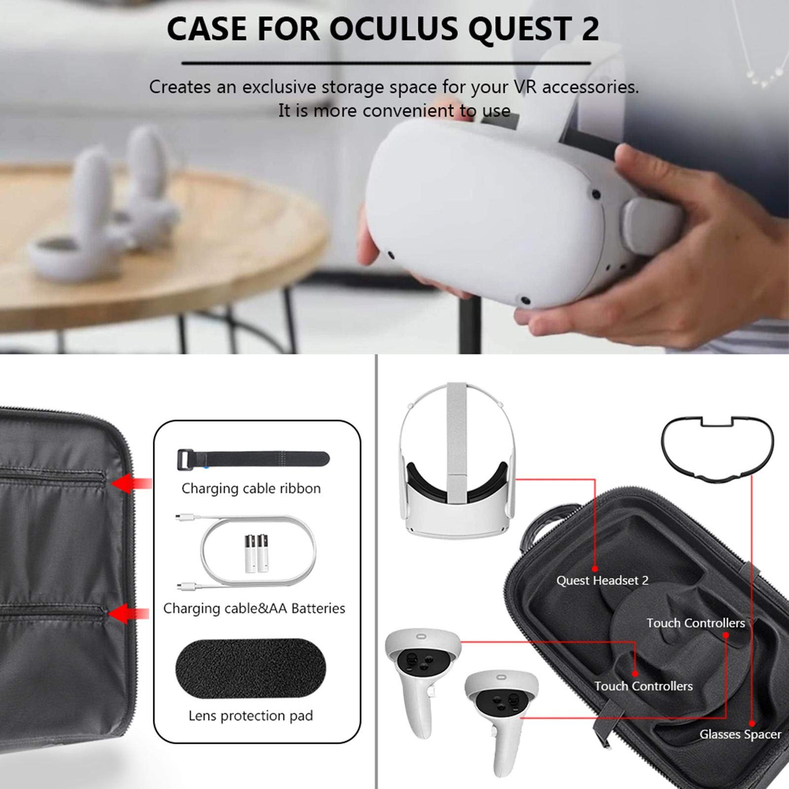 Aicheng Hard Case for Oculus Quest & Quest 2, or Quest VR Gaming Headset Elite Strap and Controllers Accessories Carrying Bag, Travel Case Protective Cover Storage Bag