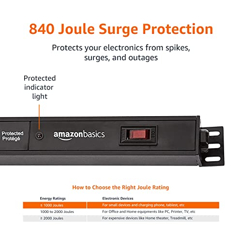 Amazon Basics Rectangular Heavy Duty Metal Surge Protector Power Strip with Mounting Brackets, 16 Outlet, 840-Joule (15A On/Off Circuit Breaker), Black