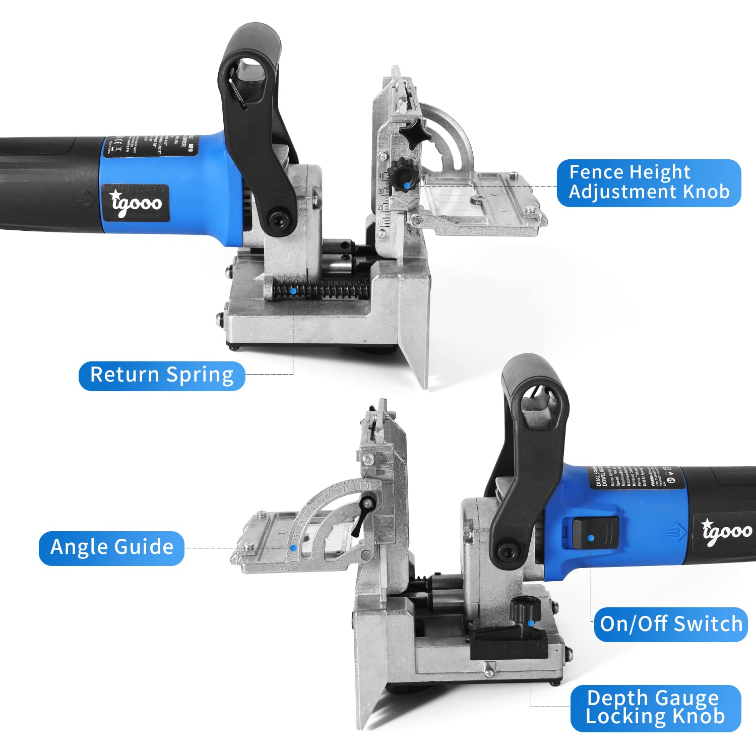 igooo Dual-Spindle Doweling Jointer DJ710, 710W 120V 60Hz, Wood Plate Dowel Joiner, 2X10mm, 2X8mm and 2X6mm Drilling Bits, 90 Dowels