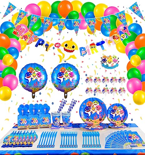 AOLDHYY 195 Pcs Shark Birthday Decorations, for 10 Guests, Shark Party Supplies, Including Birthday Banner, Blowing Dragon, Straw, Balloons, Tablecloth, Tableware, Gift Bag