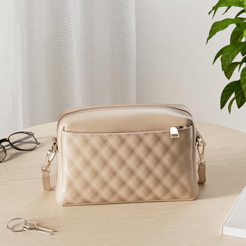 KKXIU Triple Zip Lightweight Small Crossbody Bags for Women Quilted Shoulder Purses and Handbags (B-khaki)
