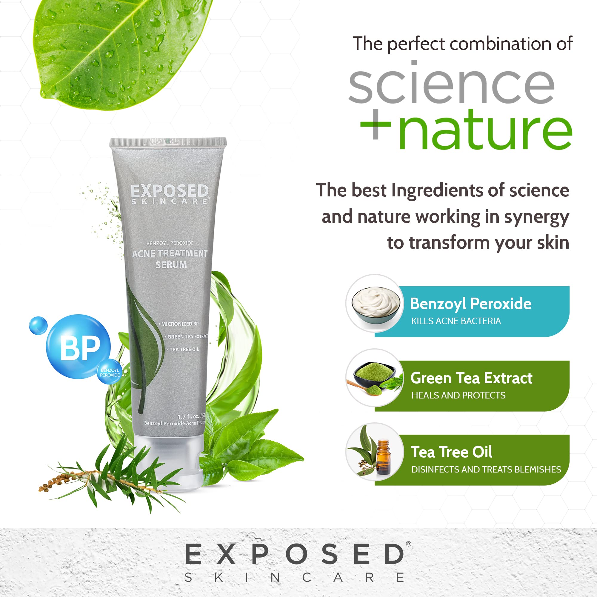 Exposed Skin Care Acne Treatment Serum Step 3 β Quickly Reduces Pimple Size and Redness - 12 Hour Spot Treatment - 3.5% Benzoyl Peroxide, Natural Green Tea & Tea Tree Oil
