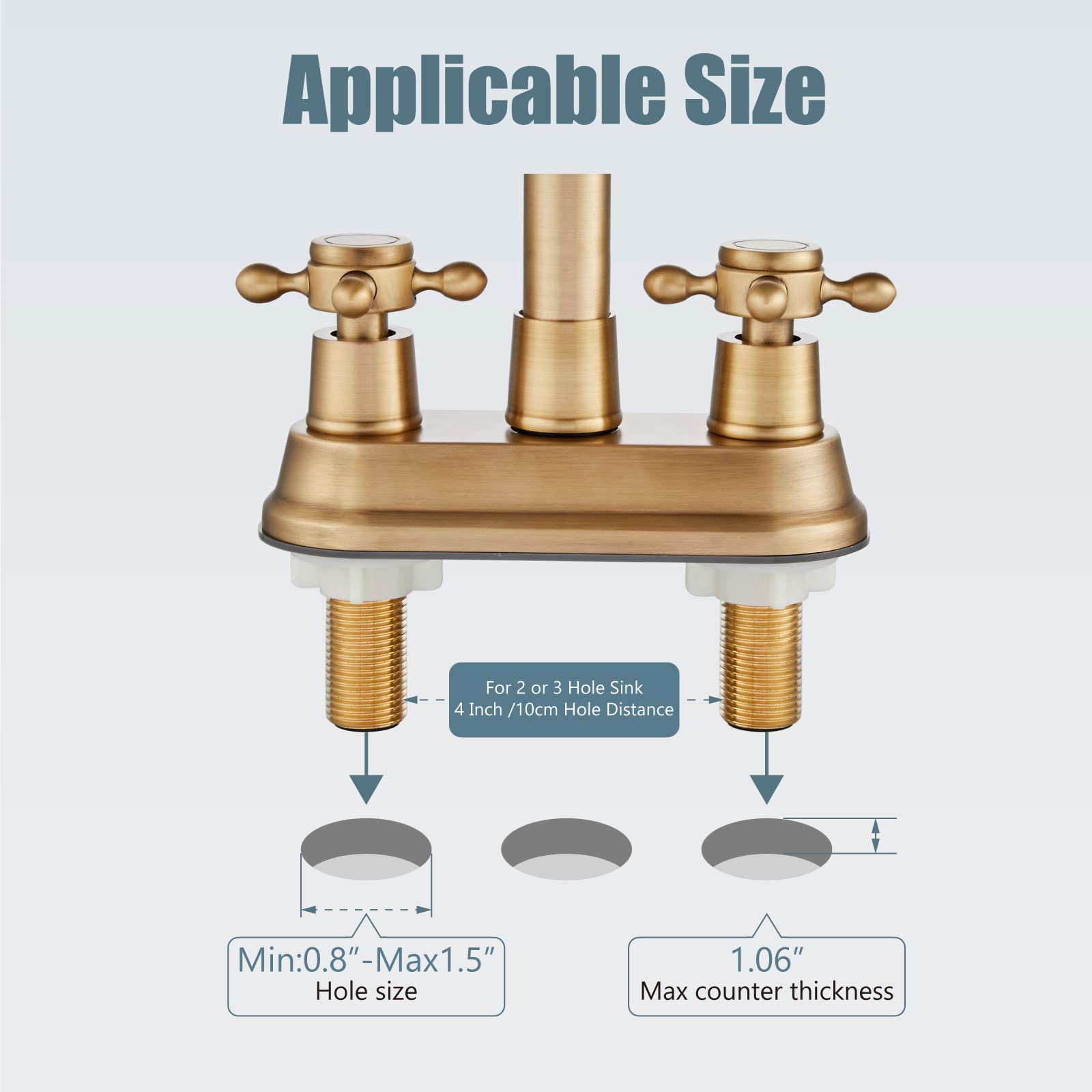 Aolemi Antique Brass 4 Inch Centerset Deck Mounted Bathroom Sink Faucet Vintage with 2 Cross Handles RV Mixer Tap Basin Vanity Lavatory Utility for Sink 3 Hole Include Water Hose & Pop Up Drain